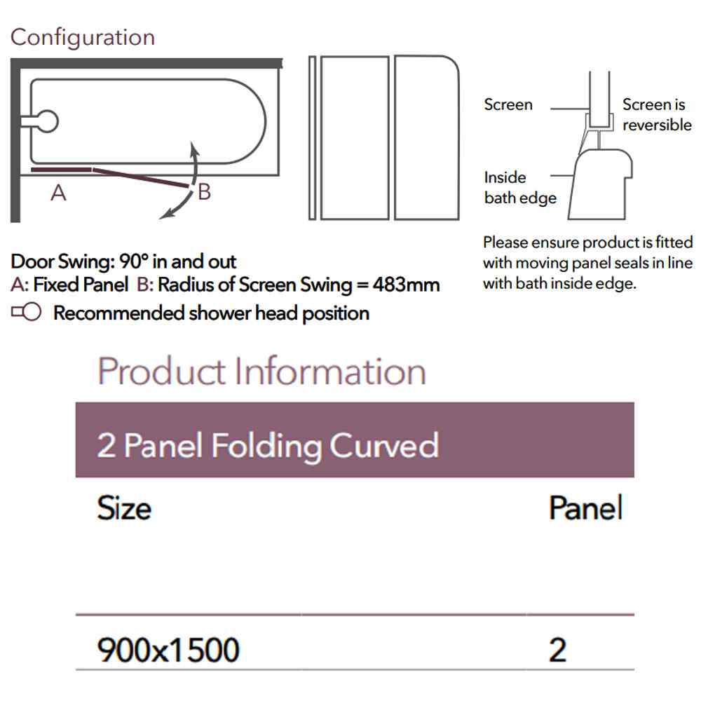 Merlyn Fixed Easy Fit 2 Panel Folding Curved Bath Screen 1500mm Hx900mm